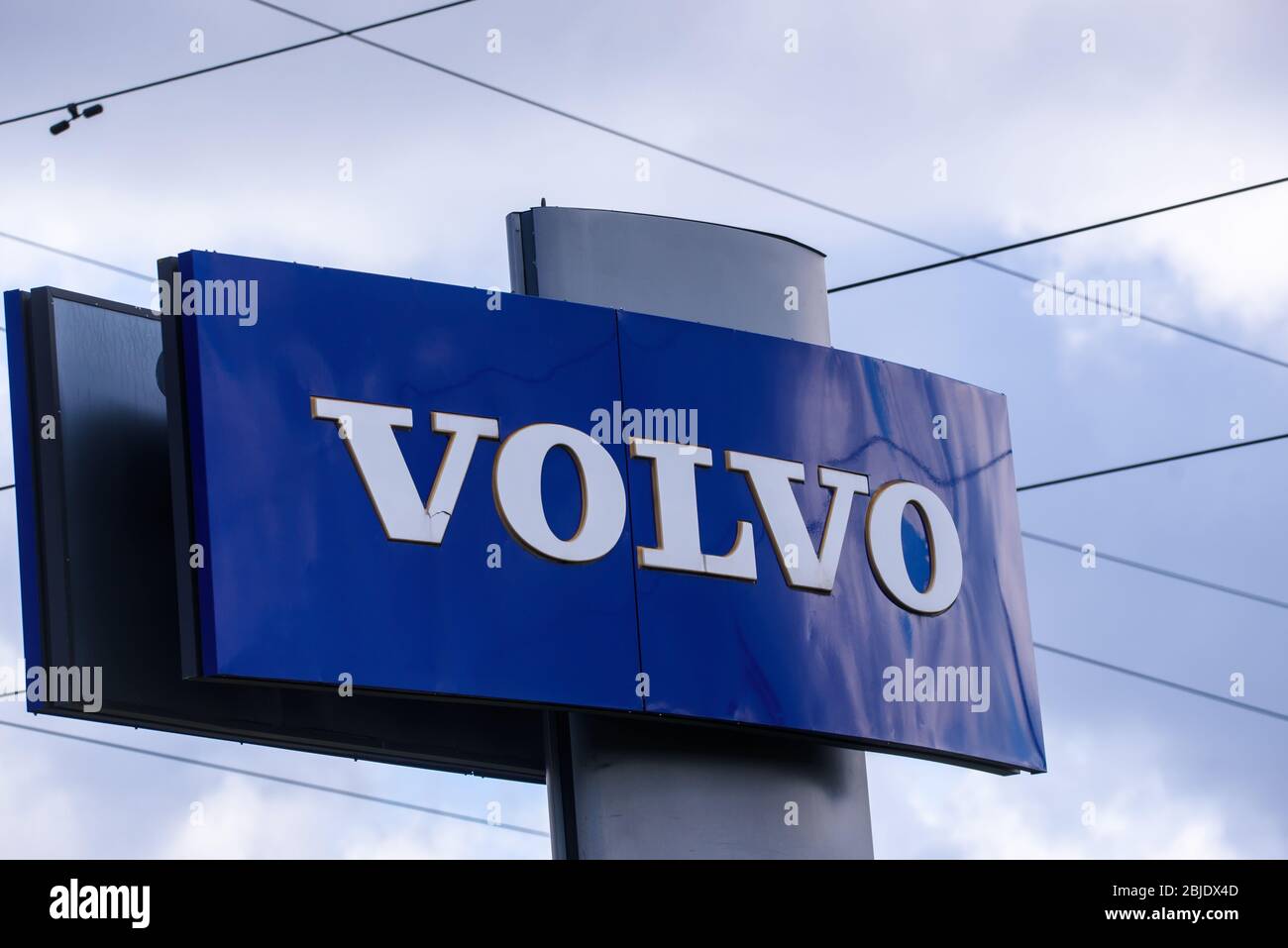 RIGA, LATVIA. 29th April 2020. VOLVO company logo on Volvo Truck Center ...