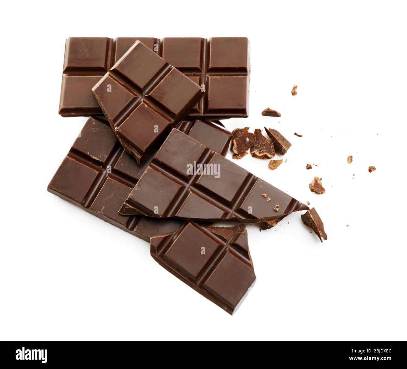 Broken chocolate bar on white background Stock Photo - Alamy