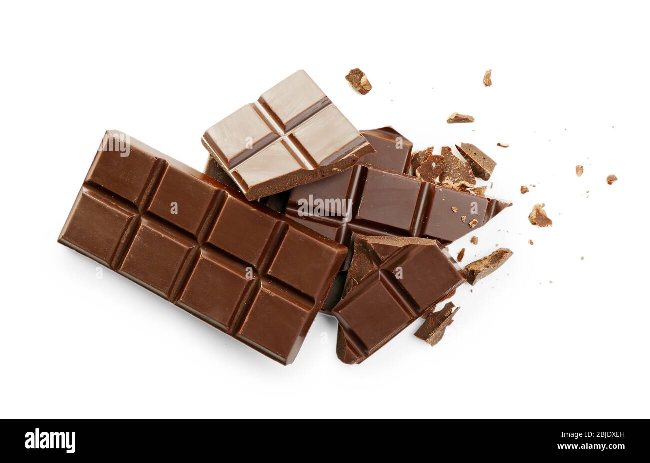 Broken chocolate bar on white background Stock Photo - Alamy