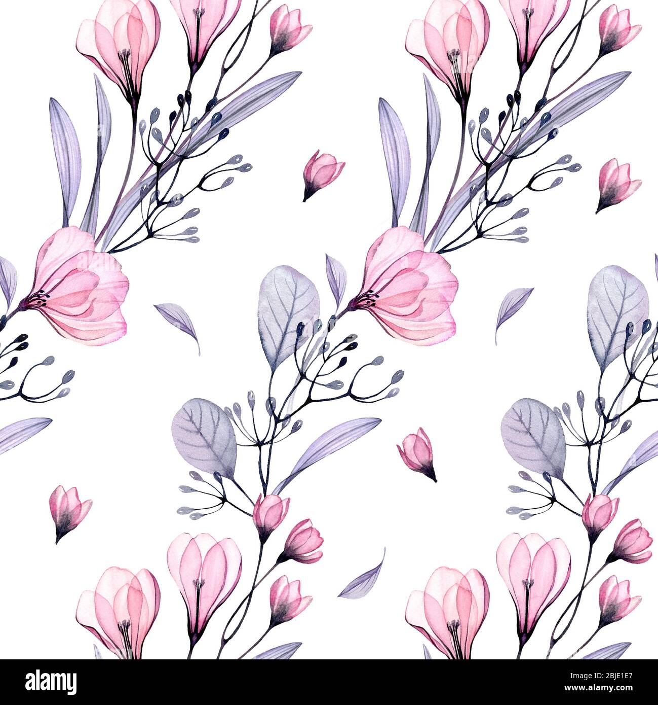 Watercolor floral seamless pattern. Small pink roses and crocus flowers ...