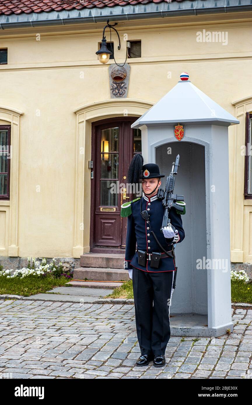 Oslo, Norway-July 27, 2013: Sentry on duty. A soldier of the Norwegian ...