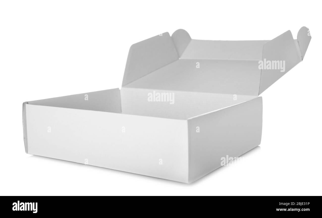 Open cardboard box on white background Stock Photo - Alamy