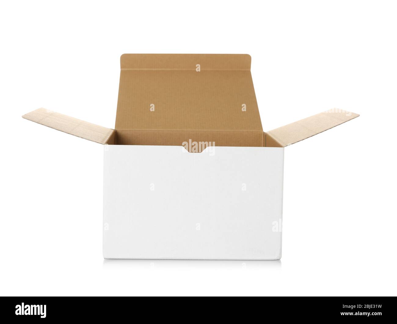Open cardboard box on white background Stock Photo - Alamy
