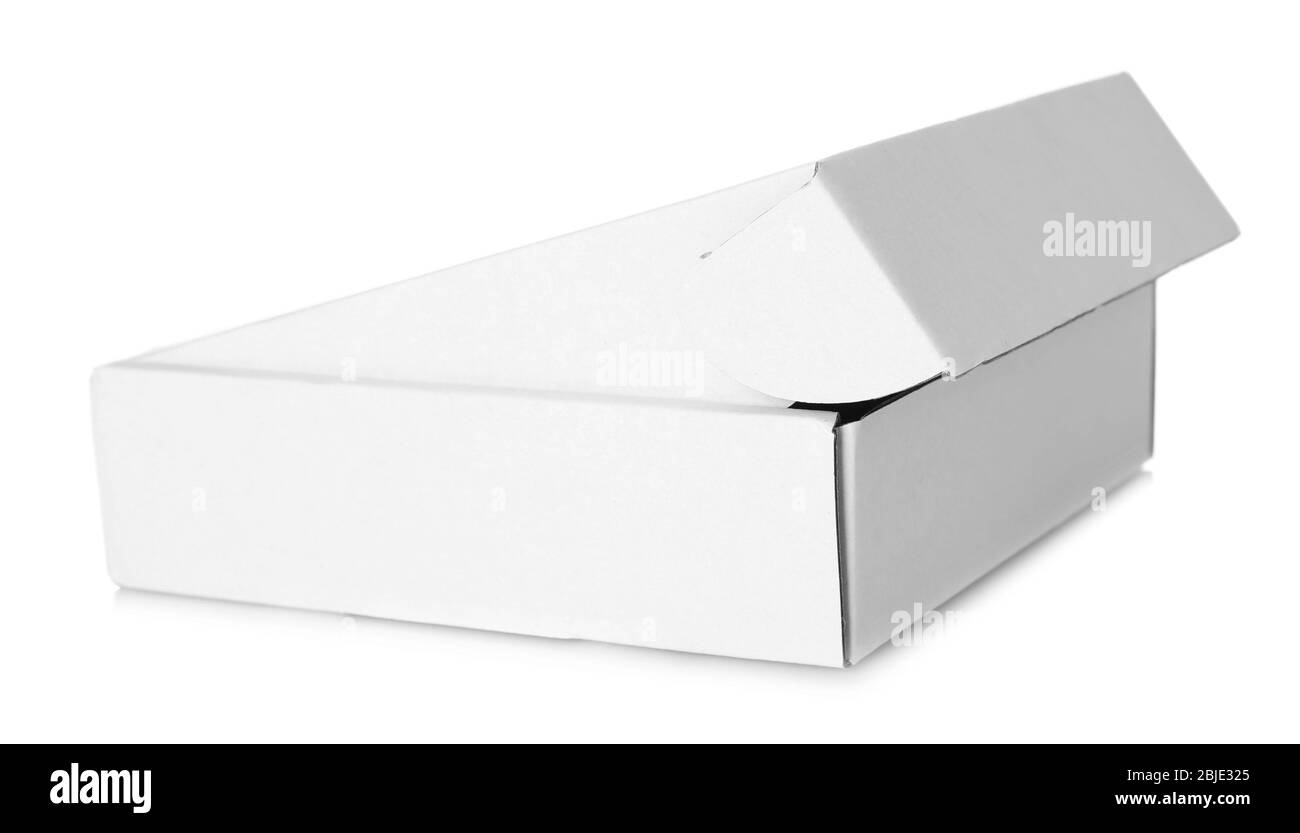 Open cardboard box on white background Stock Photo - Alamy