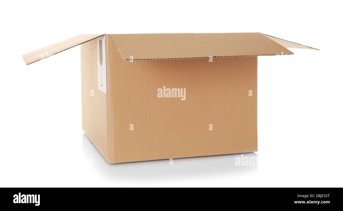 Open cardboard box on white background Stock Photo - Alamy