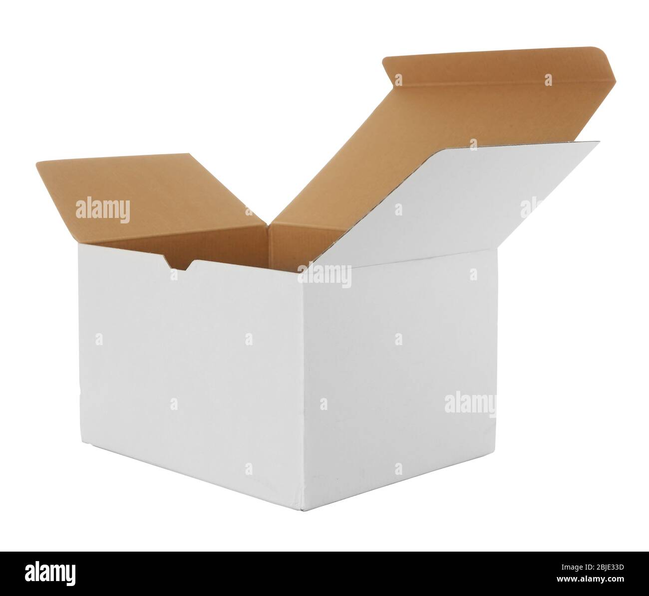 Open cardboard box on white background Stock Photo - Alamy