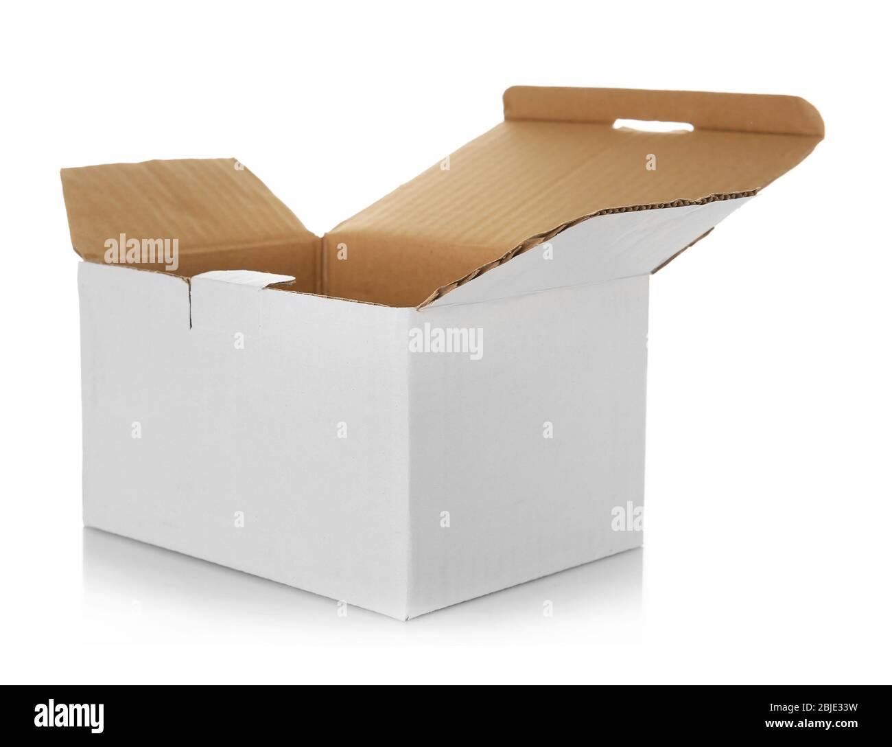 Open cardboard box on white background Stock Photo - Alamy