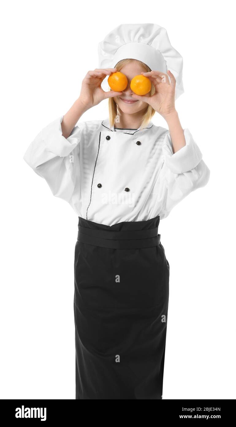 Cute girl in chef uniform on white background Stock Photo - Alamy