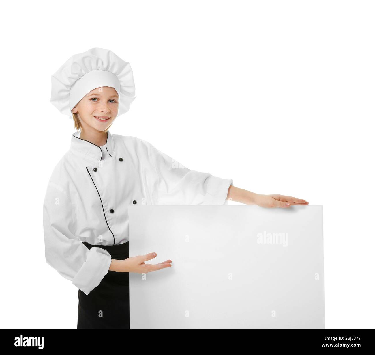Cute girl in chef uniform with poster on white background Stock Photo ...