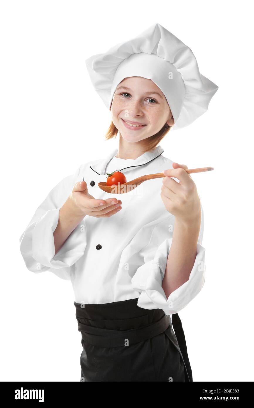 Cute girl in chef uniform on white background Stock Photo - Alamy