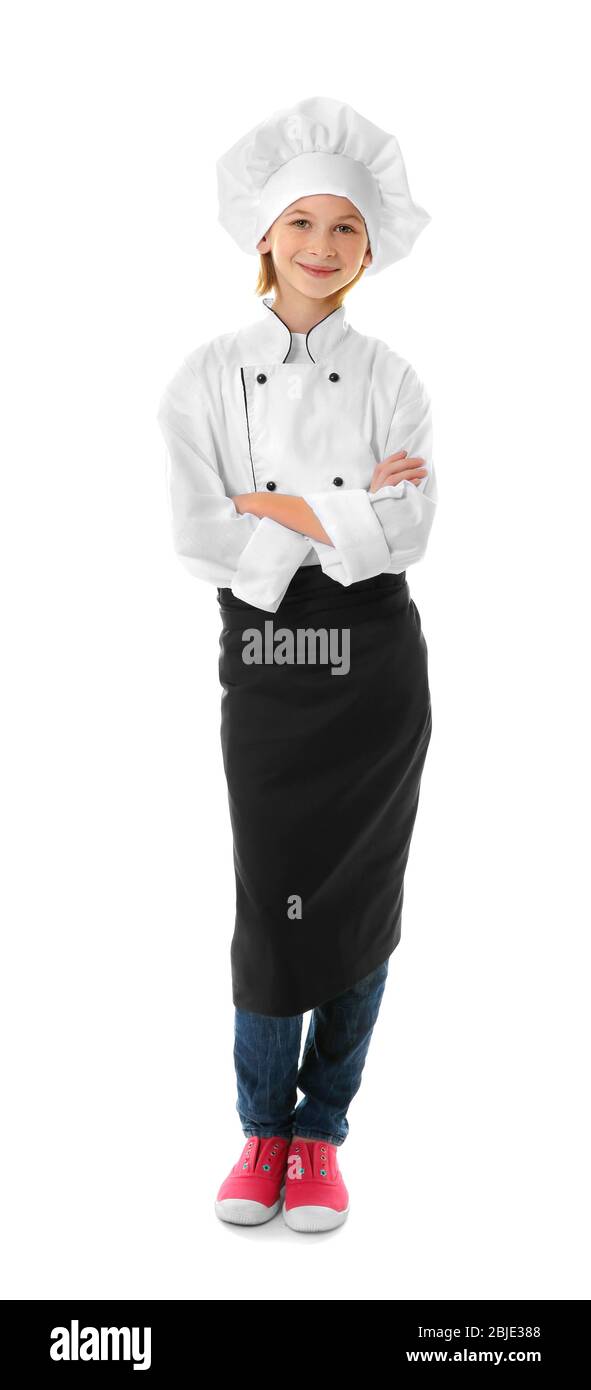 Cute girl in chef uniform on white background Stock Photo - Alamy