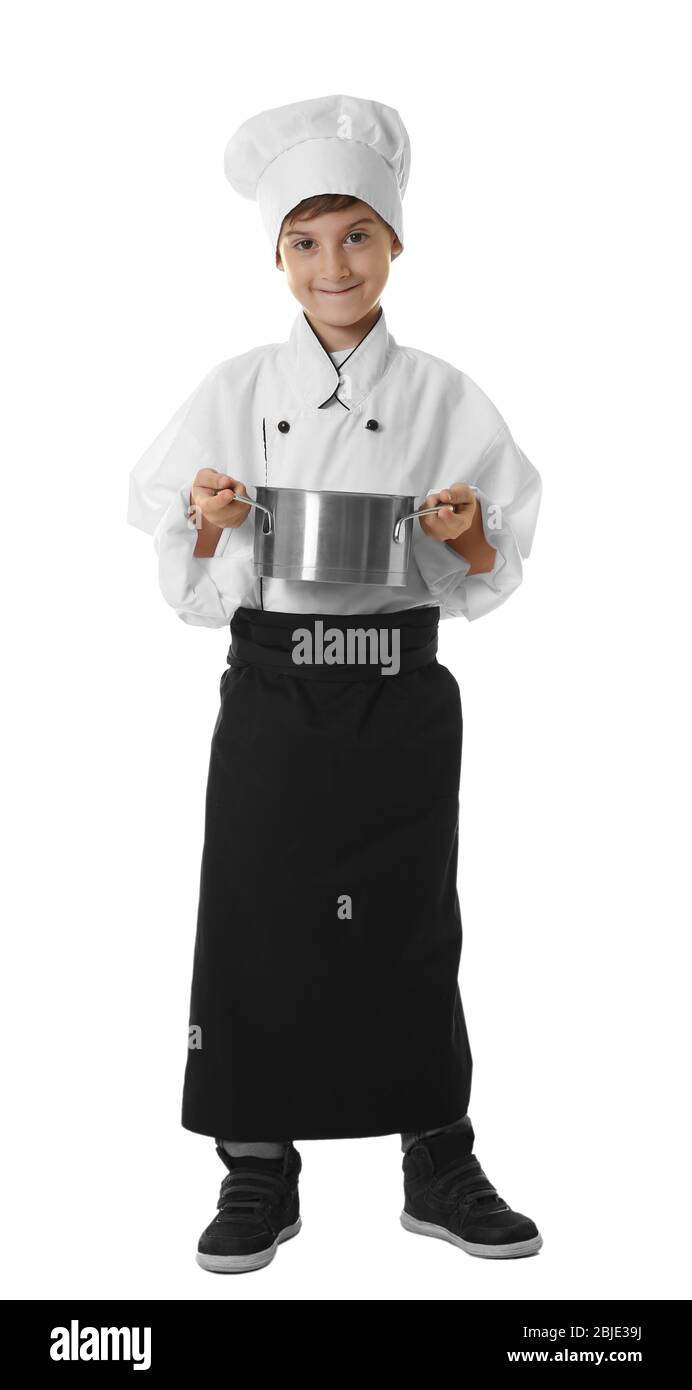 Cute boy in chef uniform on white background Stock Photo - Alamy
