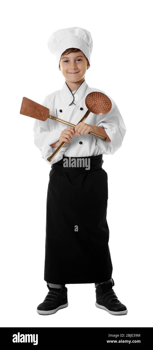 Cute boy in chef uniform on white background Stock Photo - Alamy