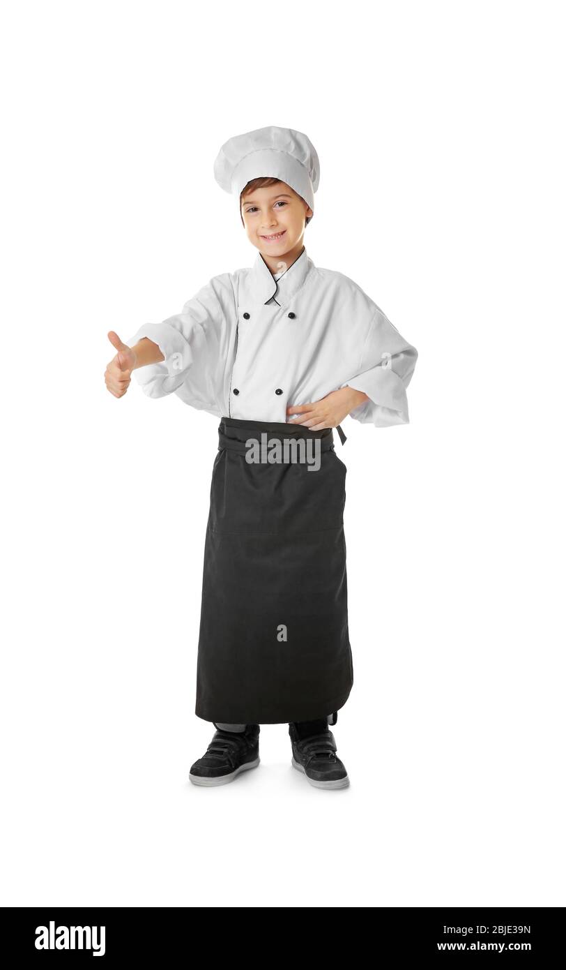 Cute boy in chef uniform on white background Stock Photo - Alamy