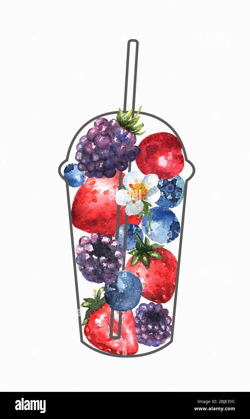 Mixed berries in a clear cocktail glass with a straw. Set of berries ...