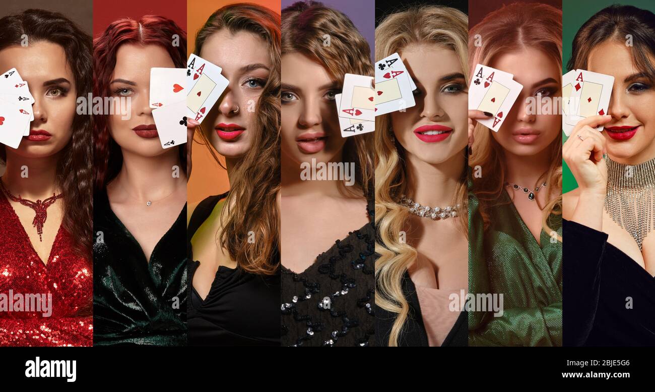 Collage of attractive models with make-up, hairstyles, in stylish ...