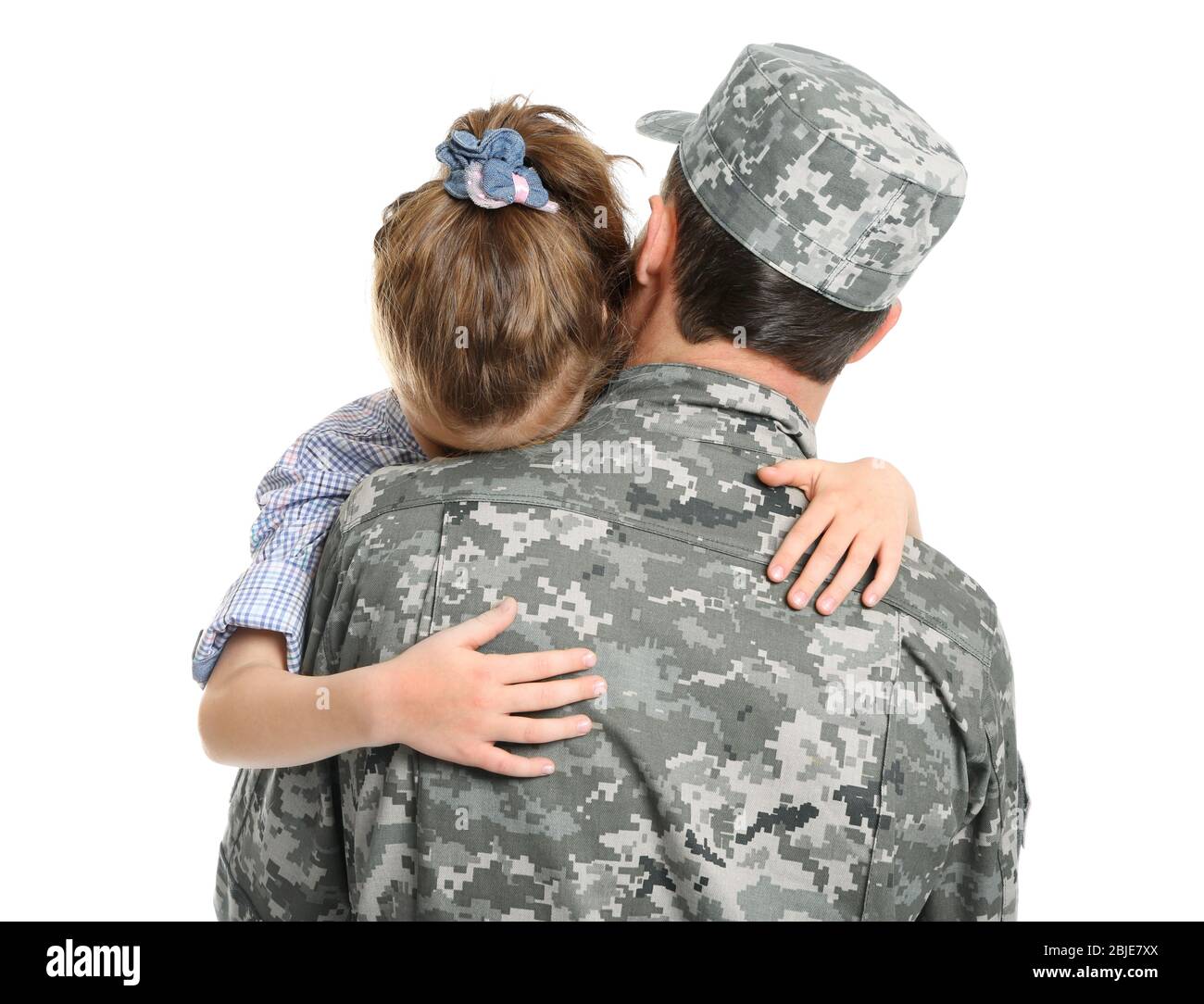 Soldier in camouflage hugging his daughter on white background Stock ...