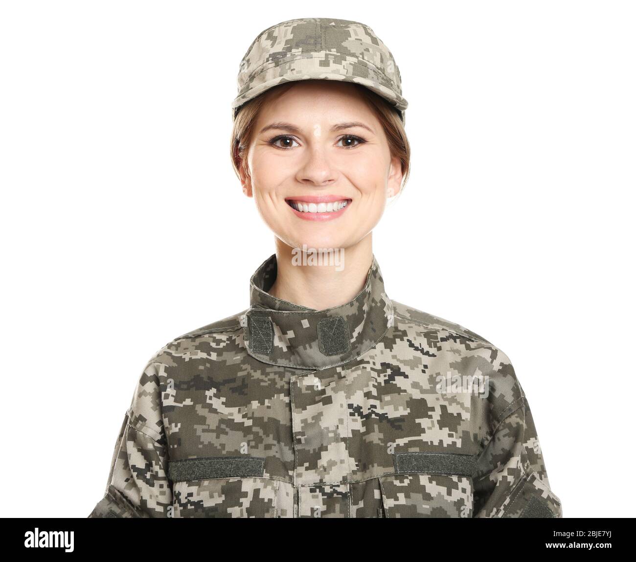 Pretty female soldier on white background Stock Photo - Alamy