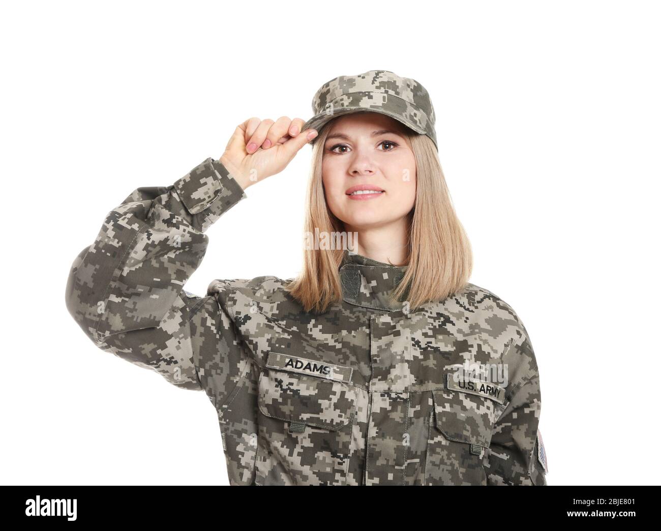 Pretty female soldier on white background Stock Photo - Alamy