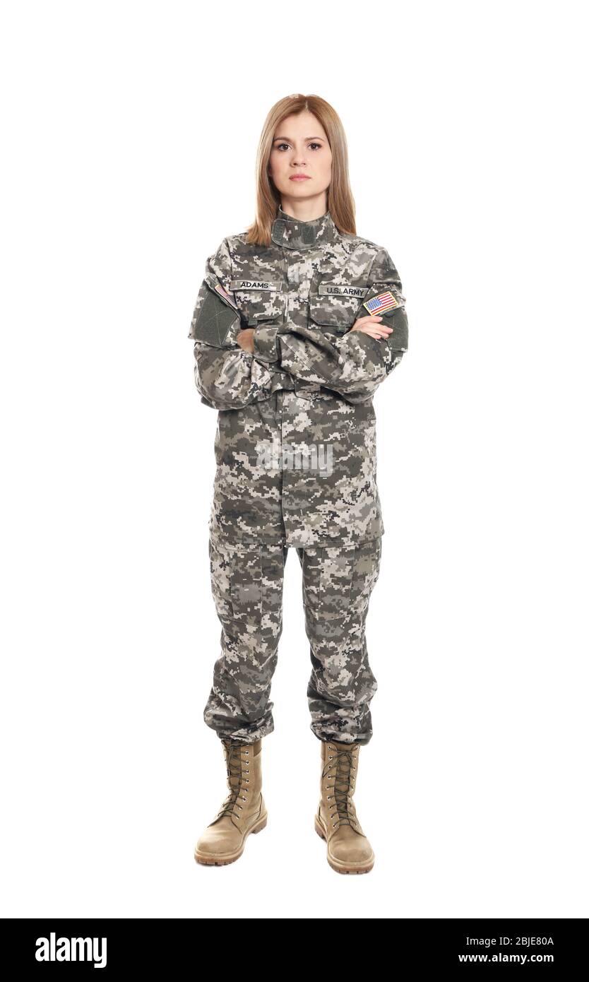 Pretty female soldier on white background Stock Photo - Alamy