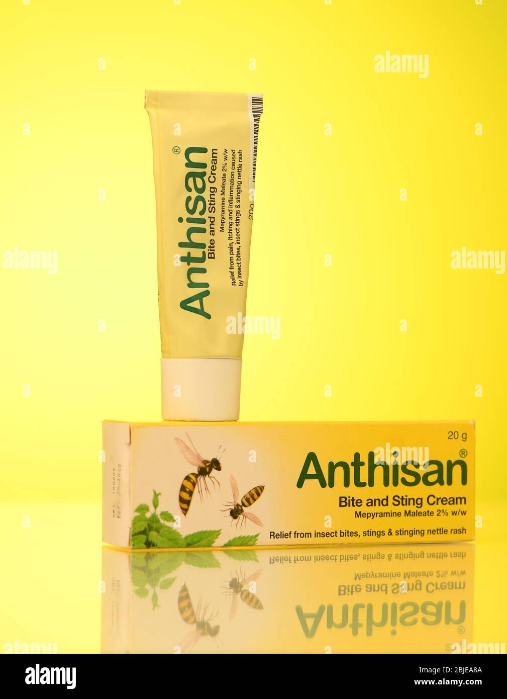Anthisan bite and sting cream packet on a yellow background ...