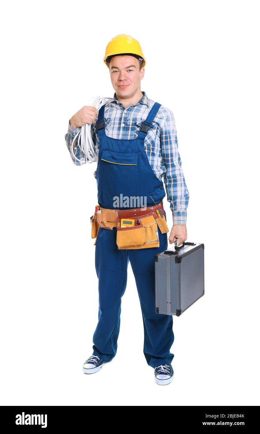 Electrician with tool box on white background Stock Photo - Alamy