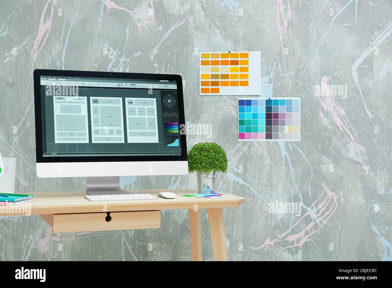 Workplace with computer on table in modern room Stock Photo - Alamy