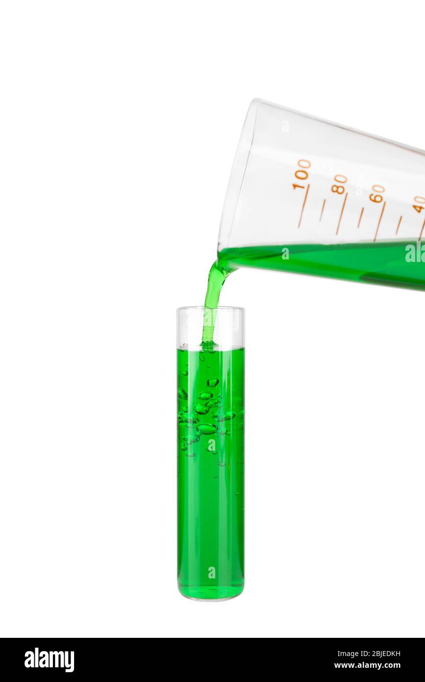 Pouring green sample into a test tube on white background Stock Photo ...