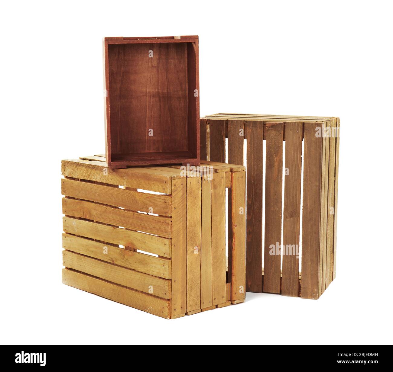 Set of empty wooden boxes on white background Stock Photo - Alamy