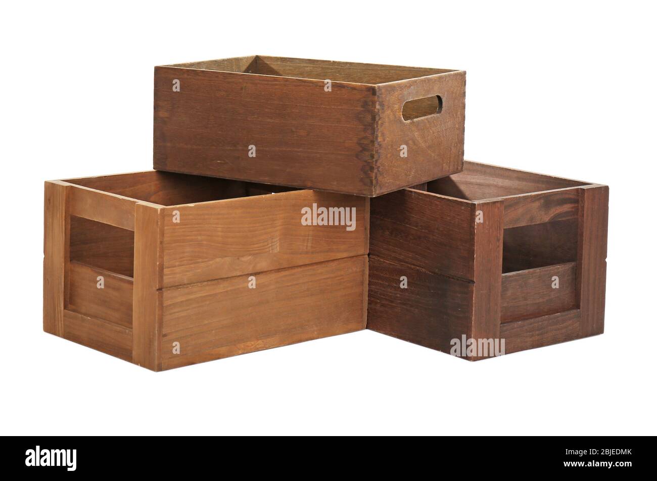 Set of empty wooden boxes on white background Stock Photo - Alamy