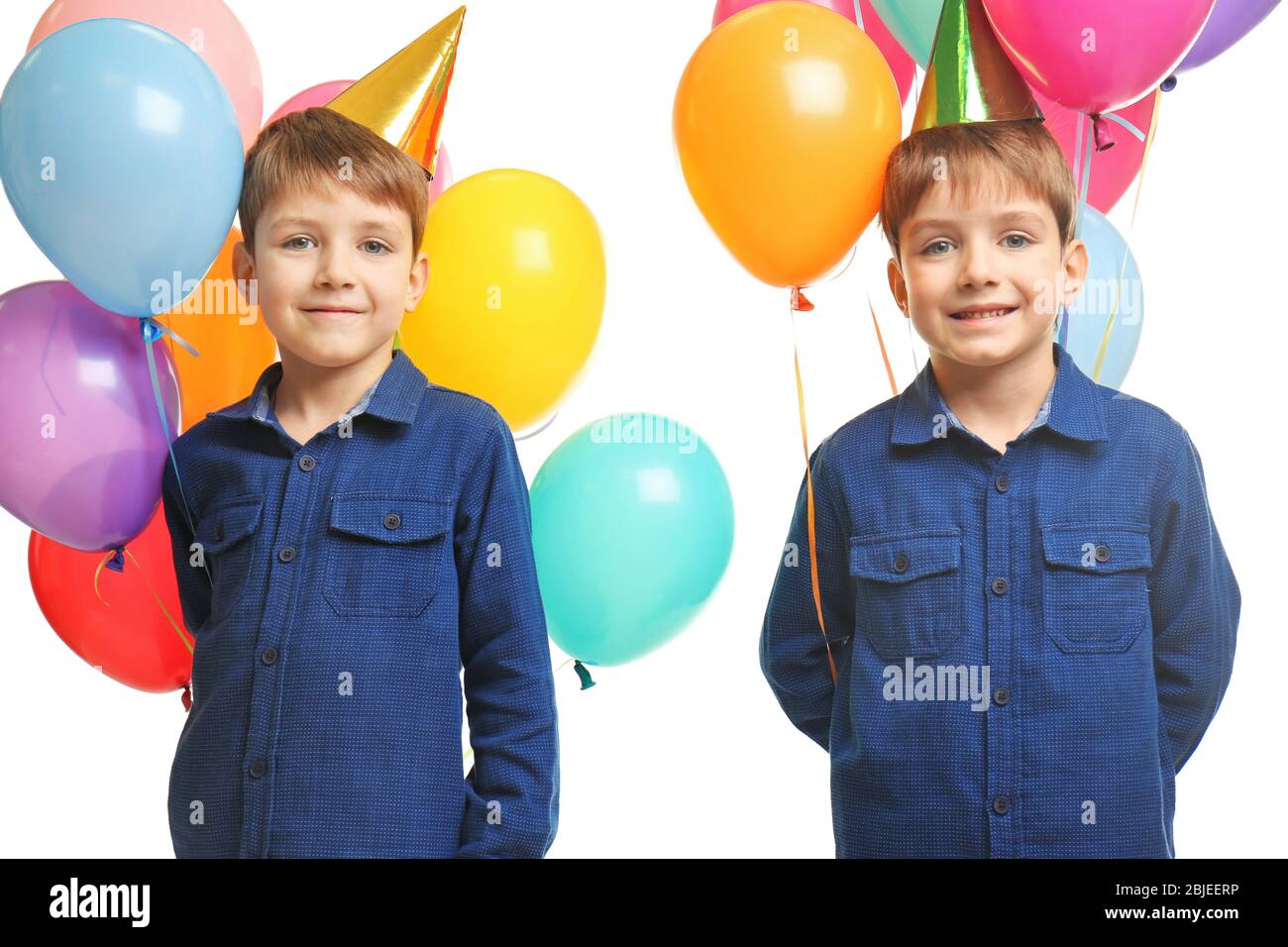 Cute birthday boys with colorful balloons on white background Stock ...