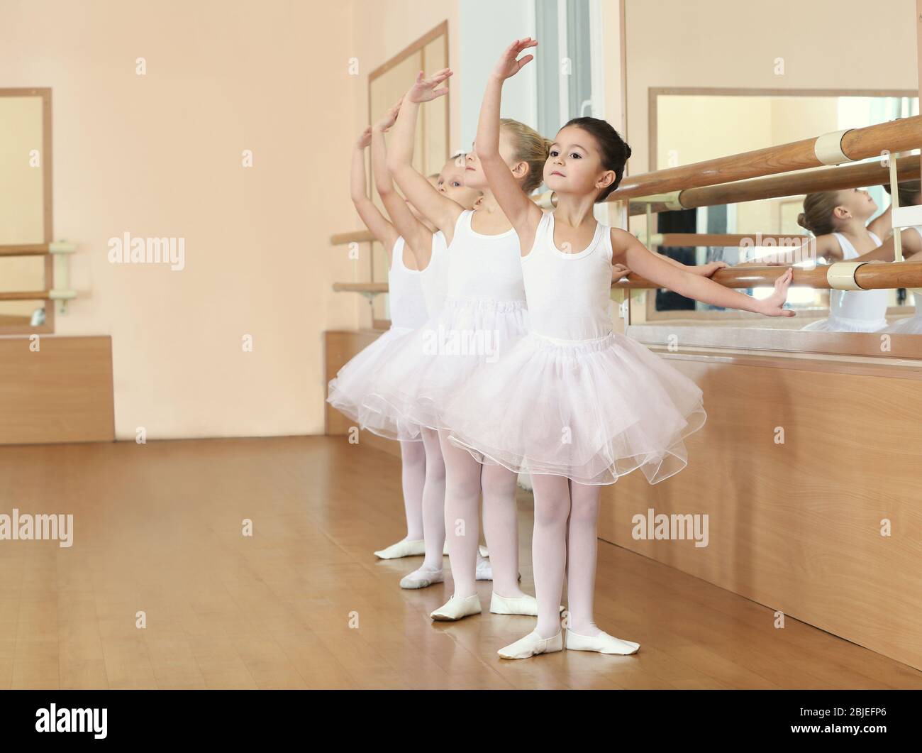 Group of little ballerinas practicing ballet using bar at class Stock ...
