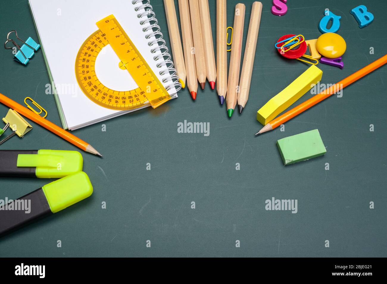 back to school template design, with school supplies and space for text ...
