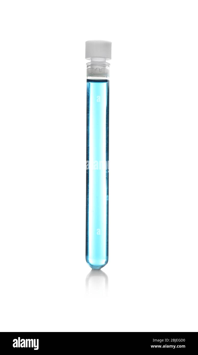 Test tube with blue sample isolated on white Stock Photo - Alamy