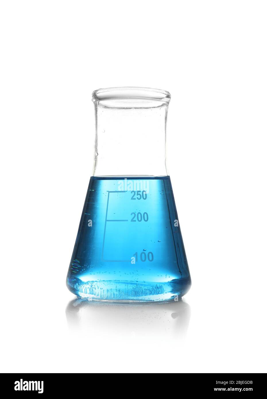 Test flask with blue sample on white background Stock Photo - Alamy