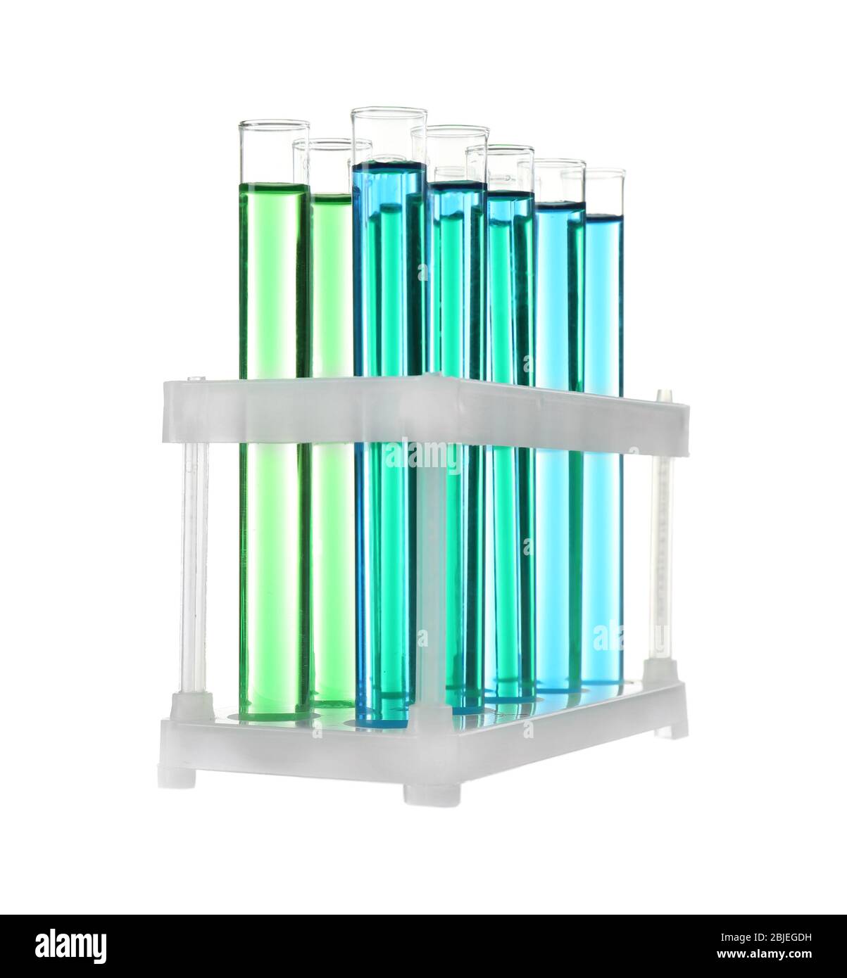 Test tubes with blue and green samples on stand isolated on white Stock ...