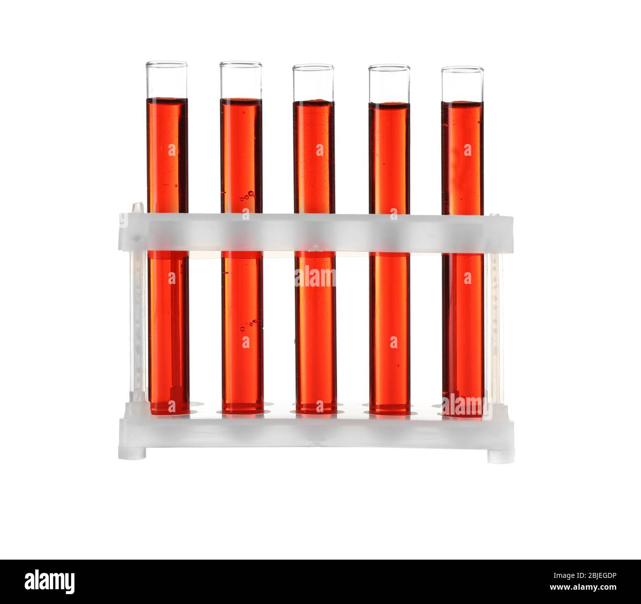Test tubes with red samples on stand isolated on white Stock Photo - Alamy