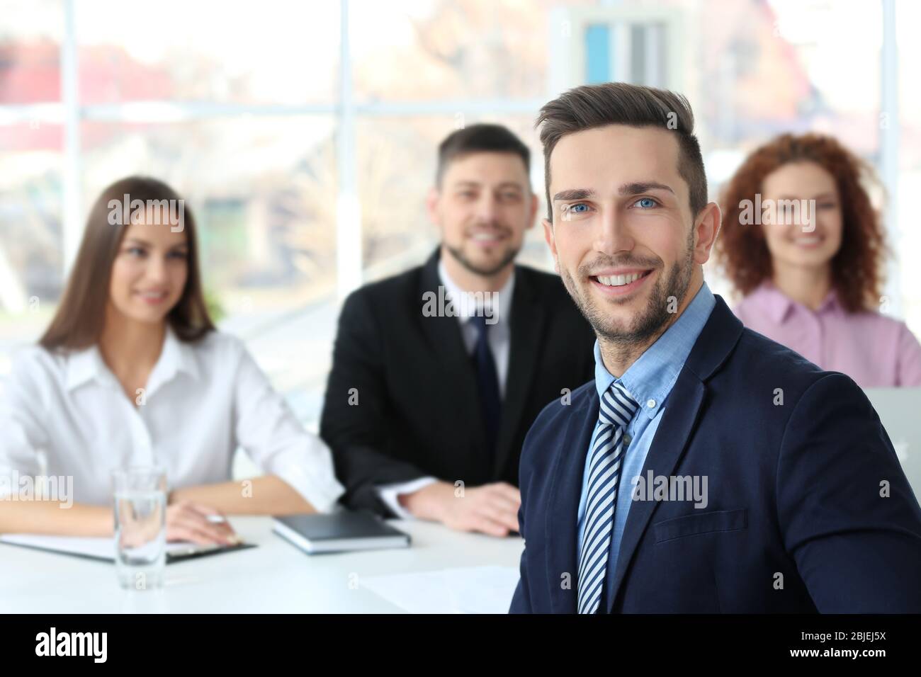 Job interview concept. Human resources commission interviewing man ...