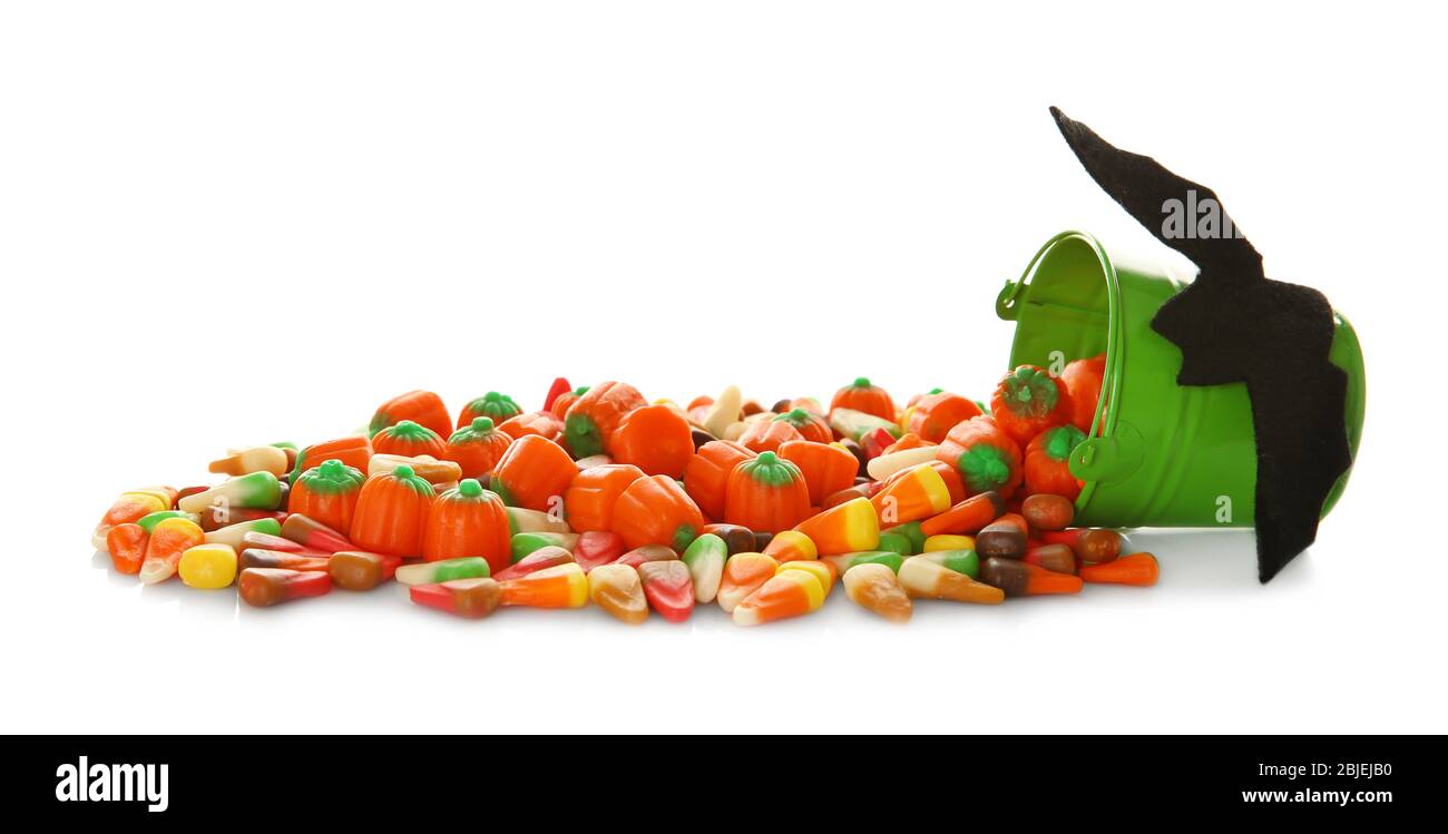 Heap of assorted jelly sweets in bucket on white background Stock Photo ...