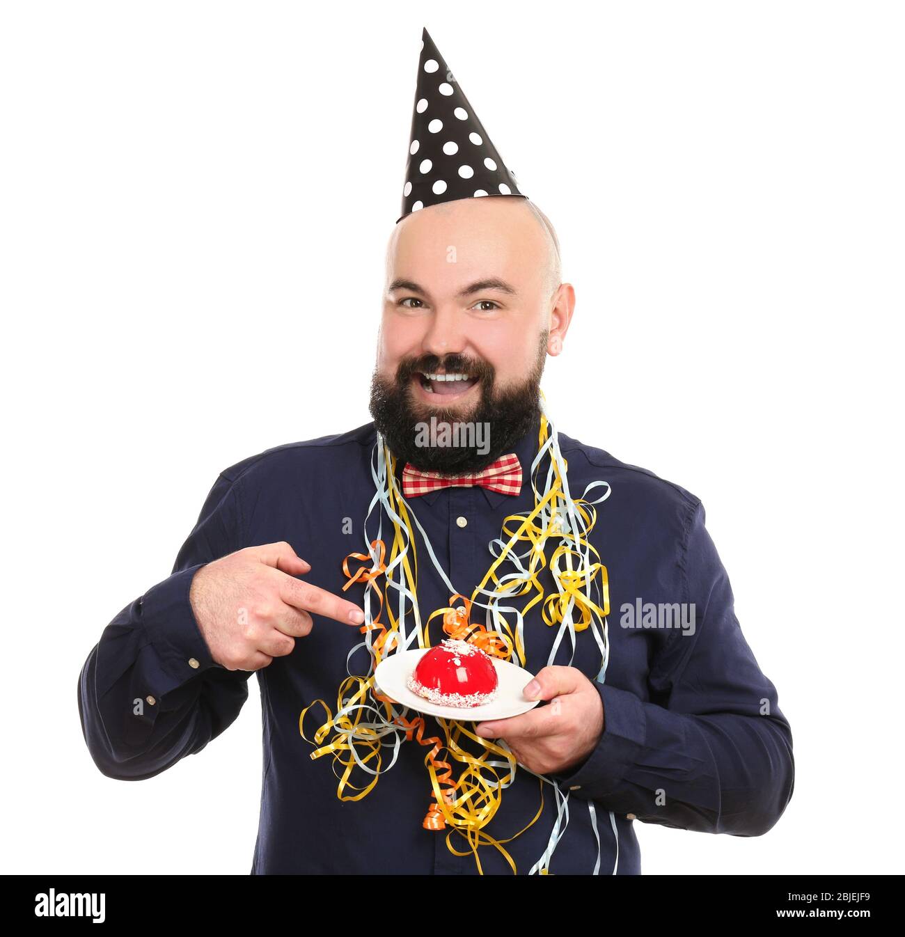 Funny fat man with tasty cake and party hat on white background Stock ...