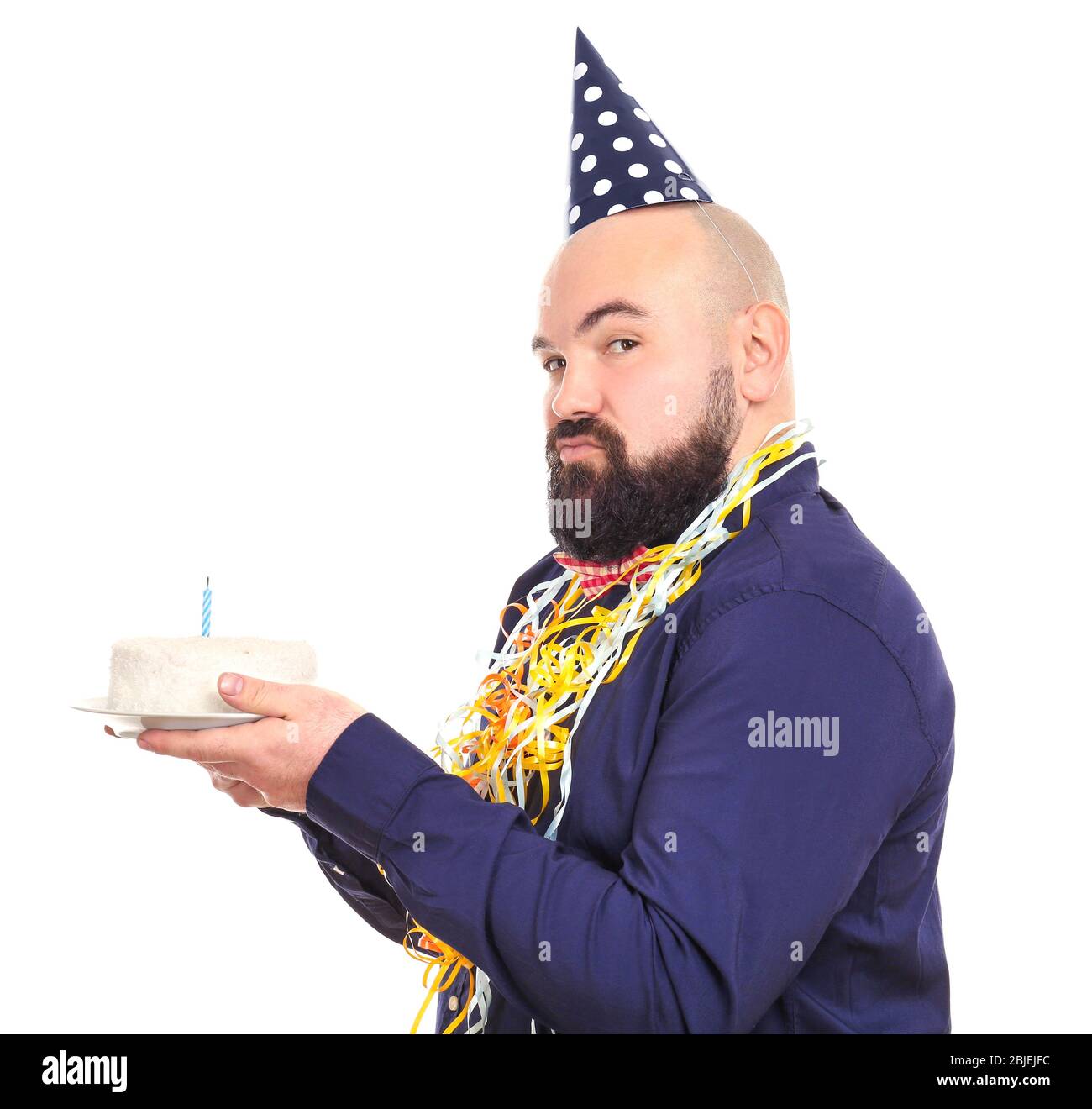 Funny fat man with birthday cake on white background Stock Photo - Alamy