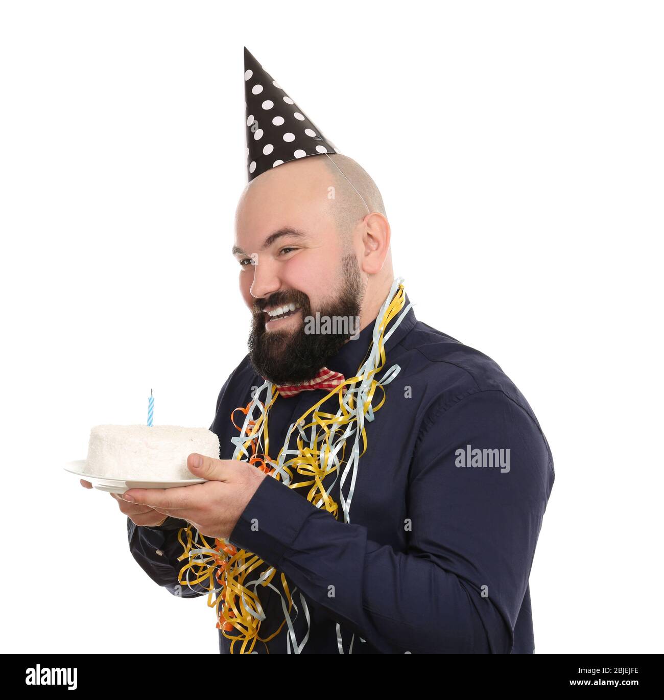 Funny fat man with birthday cake on white background Stock Photo - Alamy