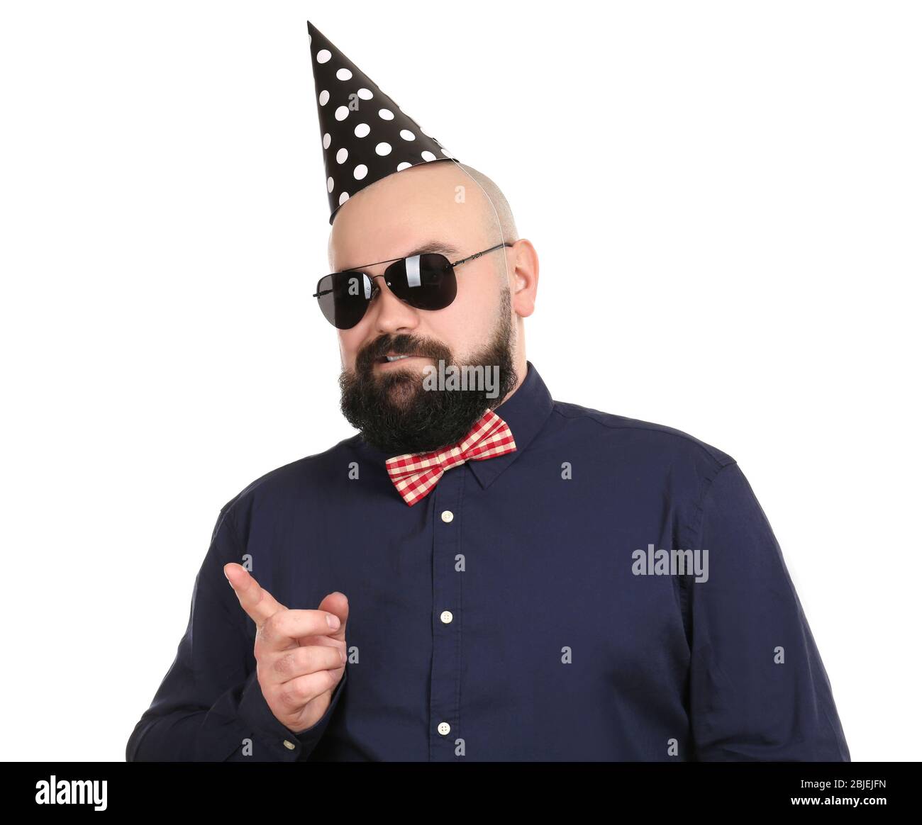 Bearded fat man with party hat on white background Stock Photo - Alamy
