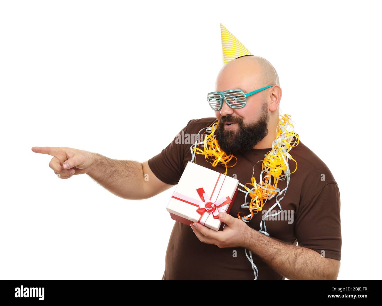 Funny fat man with birthday present on white background Stock Photo - Alamy