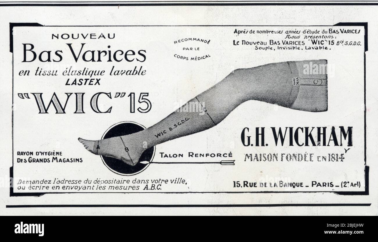 Publicité ancienne. Nouveaux Bas Varices "WIC"15. 17 juillet 1937 Stock ...