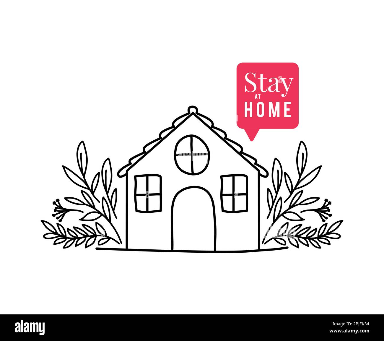 Stay at home text with house bubble and leaves vector design Stock ...