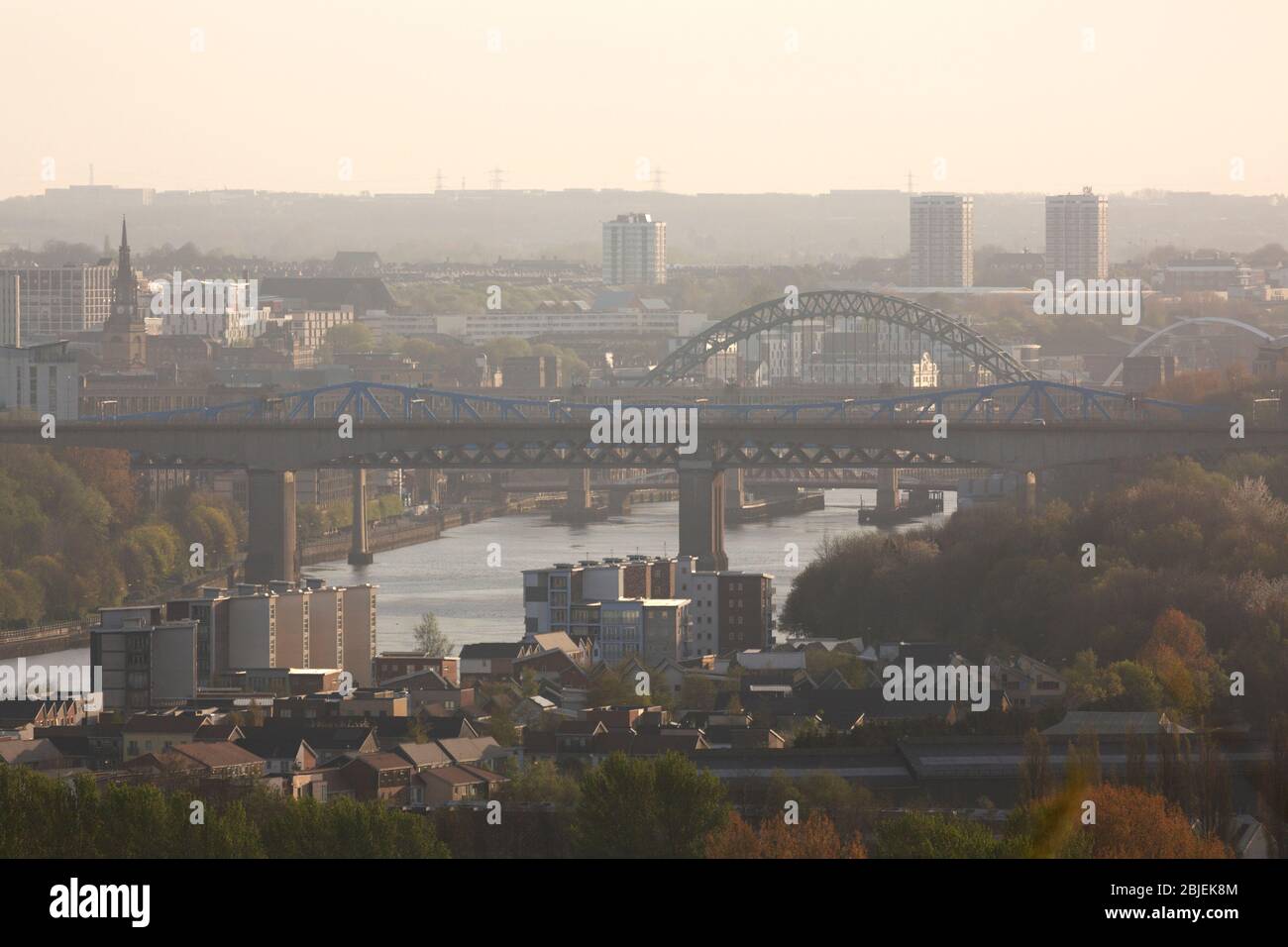 A hazy morning in Newcastle upon Tyne, England. The Redheugh Bridge ...
