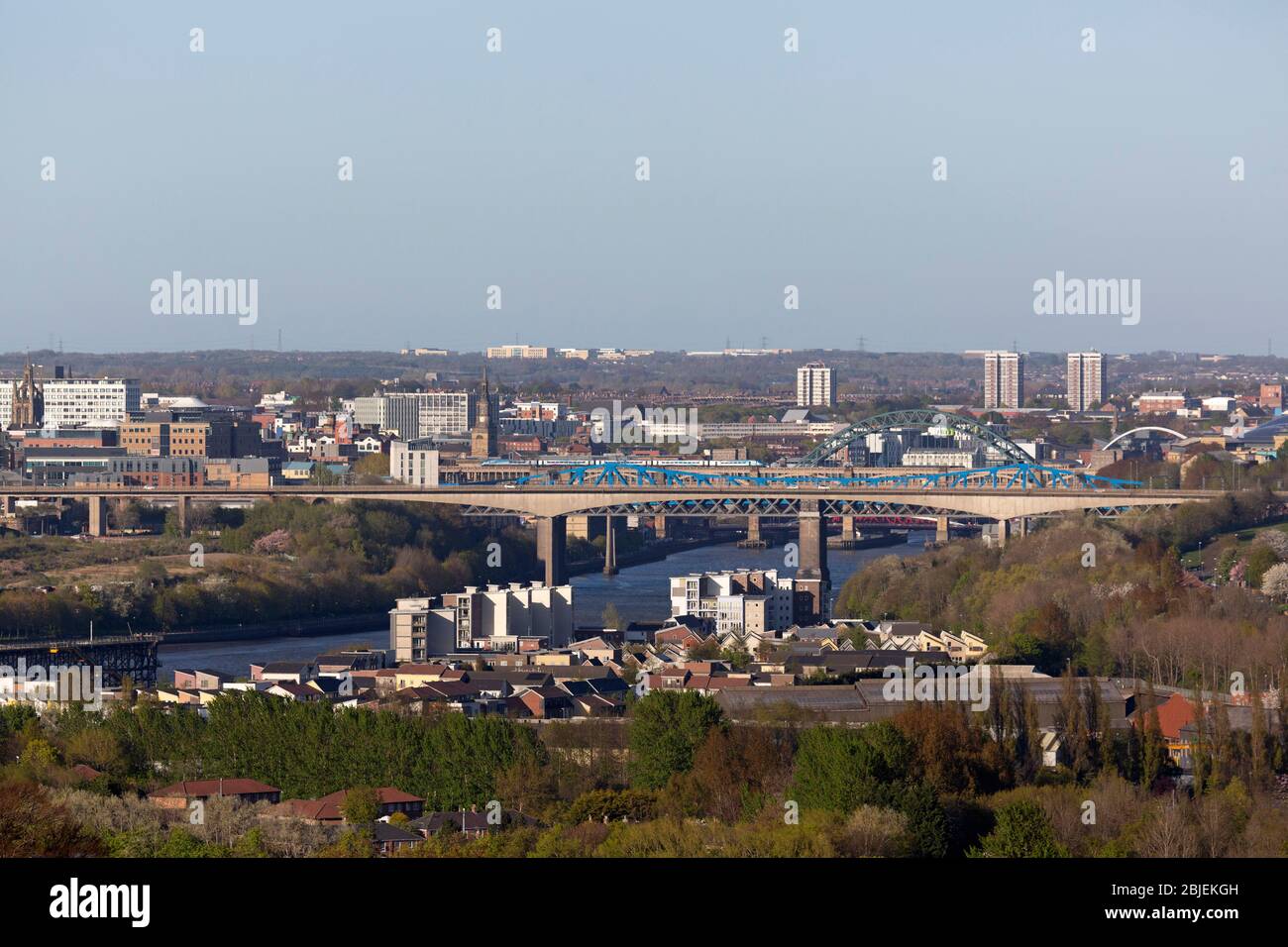A cityscape of Newcastle upon Tyne, England. The Redheugh Bridge spans ...