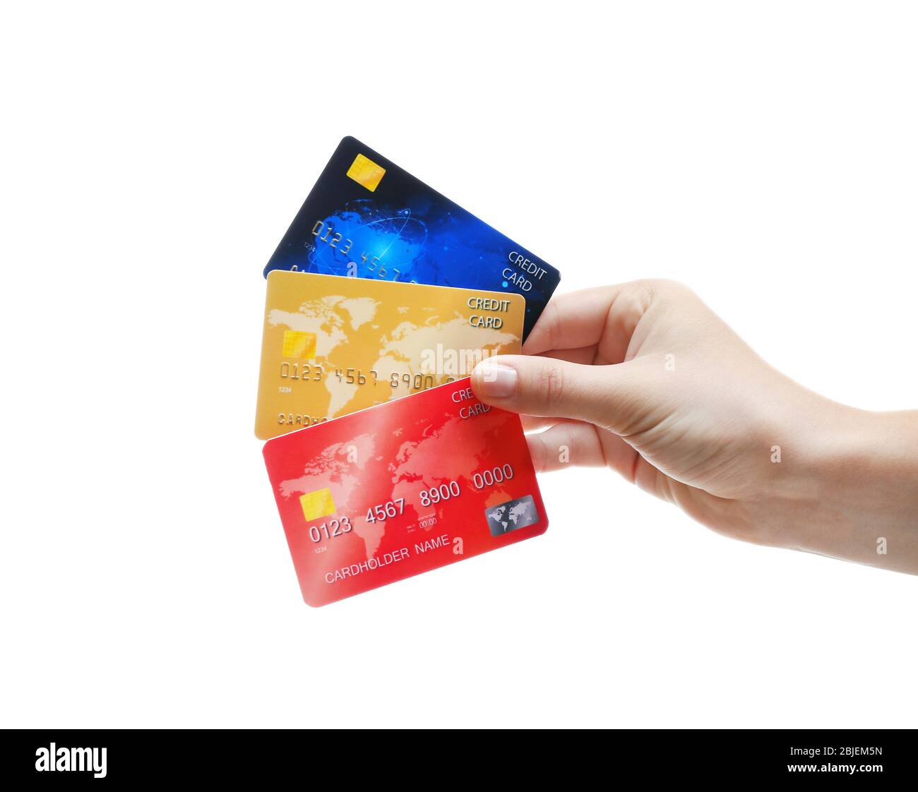 Hand holding credit cards isolated on white Stock Photo - Alamy