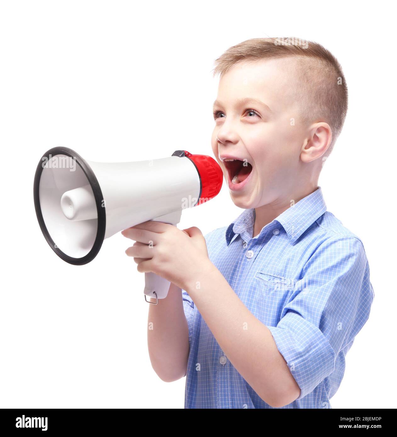 Cute little boy with megaphone on white background Stock Photo - Alamy